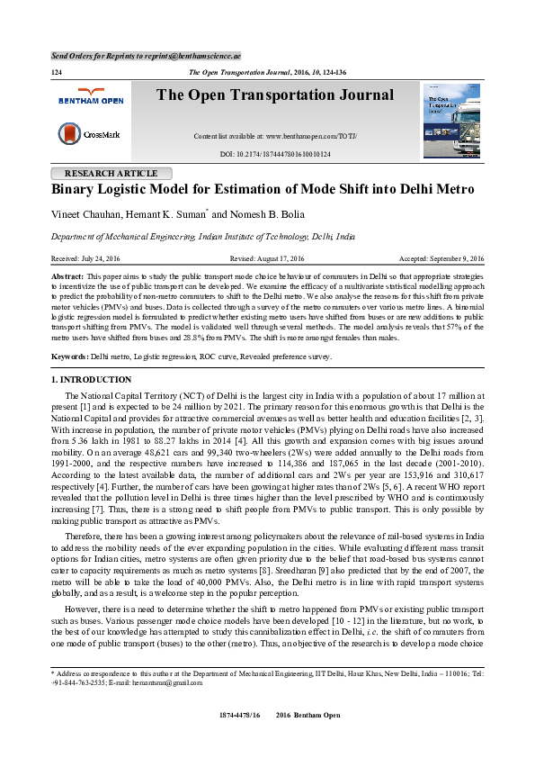 Pdf Binary Logistic Model For Estimation Of Mode Shift Into Delhi Metro