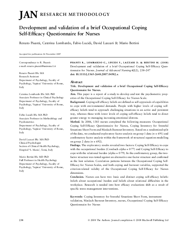 (PDF) Development and validation of a brief Occupational Coping Self-Efficacy Questionnaire for ...