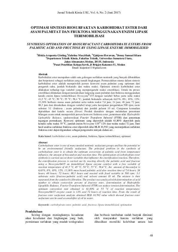 (PDF) Optimasi Sintesis Biosurfaktan Karbohidrat Ester Dari Asam ...