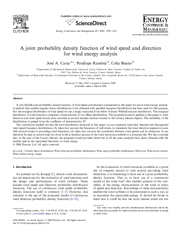 (PDF) A joint probability density function of wind speed and direction for wind energy analysis