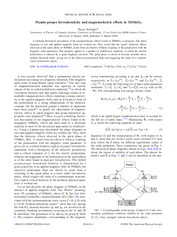 (PDF) Pseudo-proper ferroelectricity and magnetoelectric effects inTbMnO3