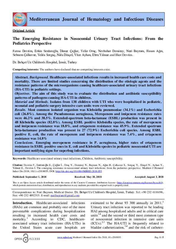 (PDF) The Emerging Resistance in Nosocomial Urinary Tract Infections ...