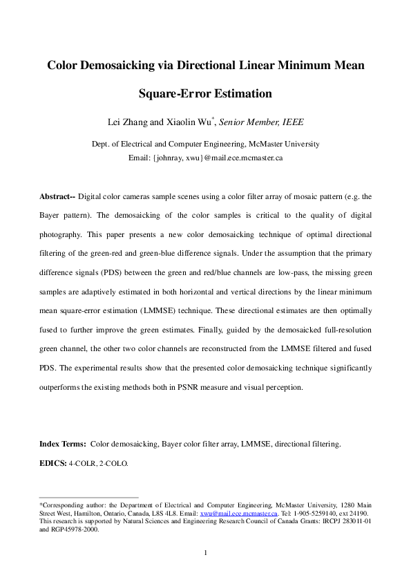 (PDF) Color demosaicking via directional linear minimum mean square-error estimation