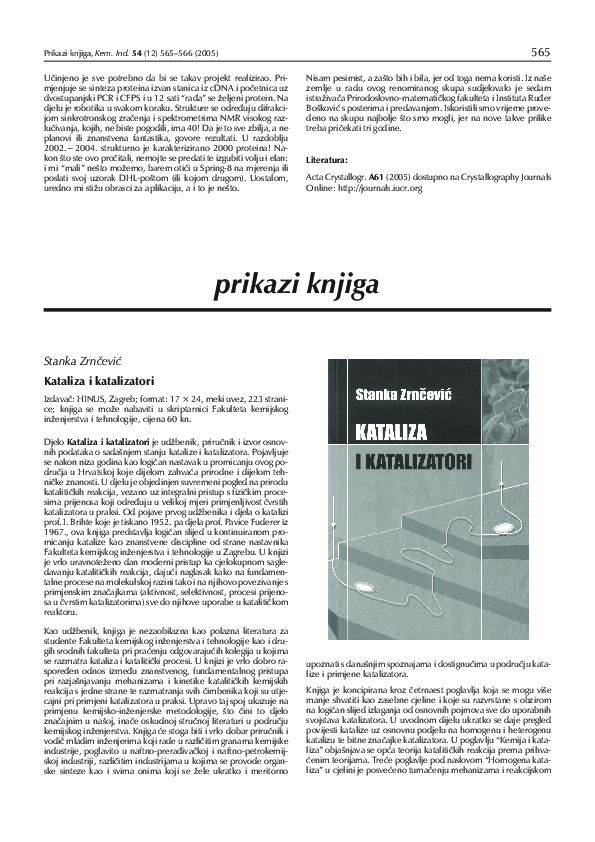 (PDF) Prikaz knjige: Stanka Zrnčević: Kataliza i katalizatori