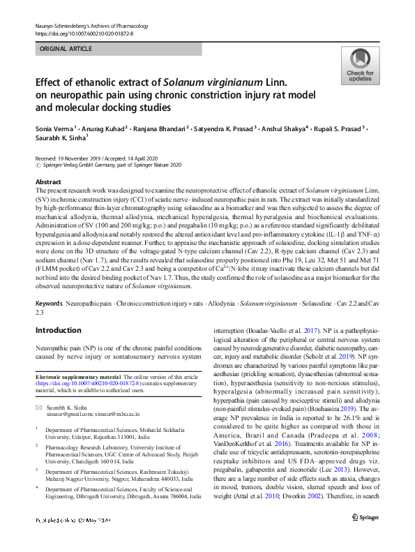 (PDF) Effect of ethanolic extract of Solanum virginianum Linn. on ...