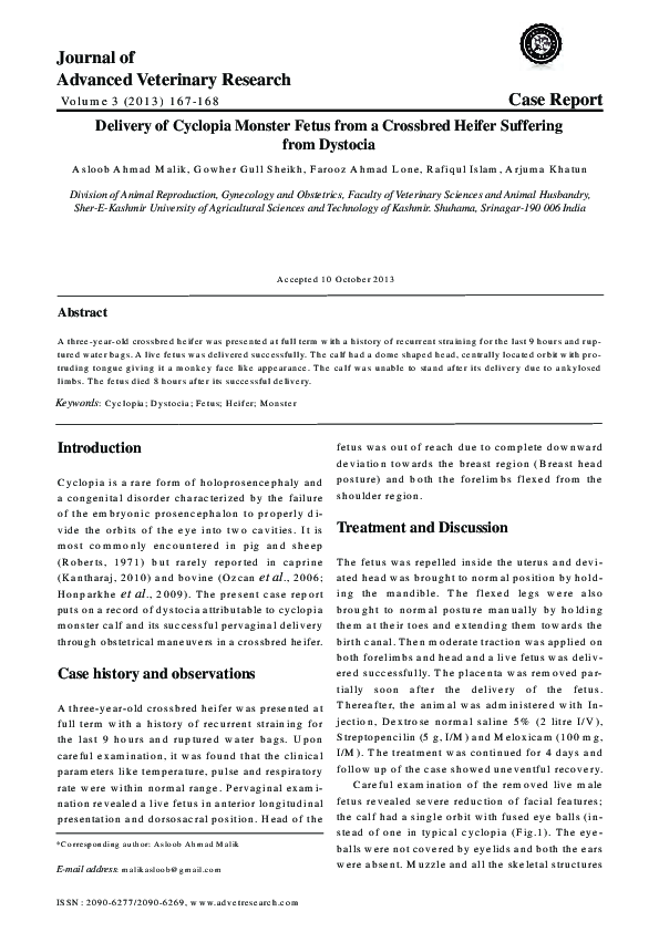 (PDF) Introduction Delivery of Cyclopia Monster Fetus from a Crossbred ...