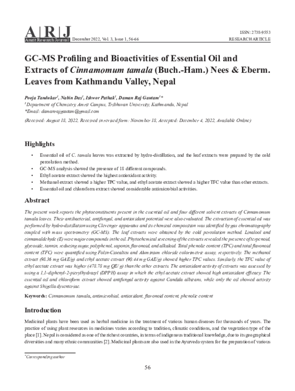 (PDF) GC-MS Profiling and Bioactivities of Essential Oil and Extracts ...