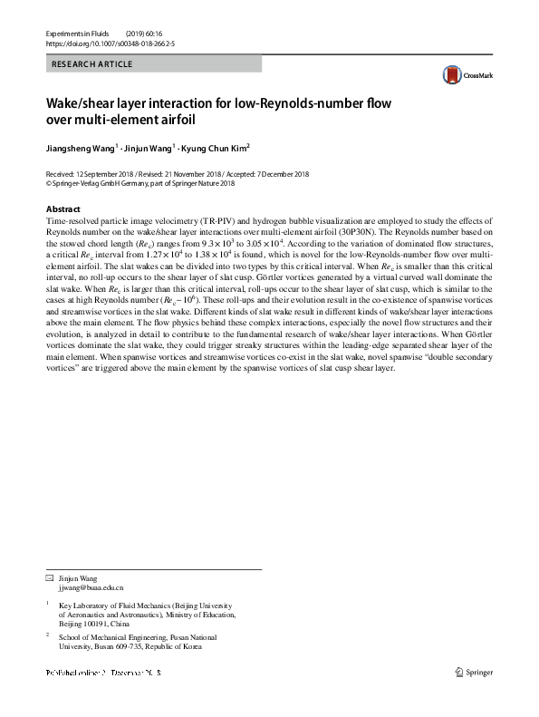 (PDF) Wake/shear layer interaction for low-Reynolds-number flow over multi-element airfoil