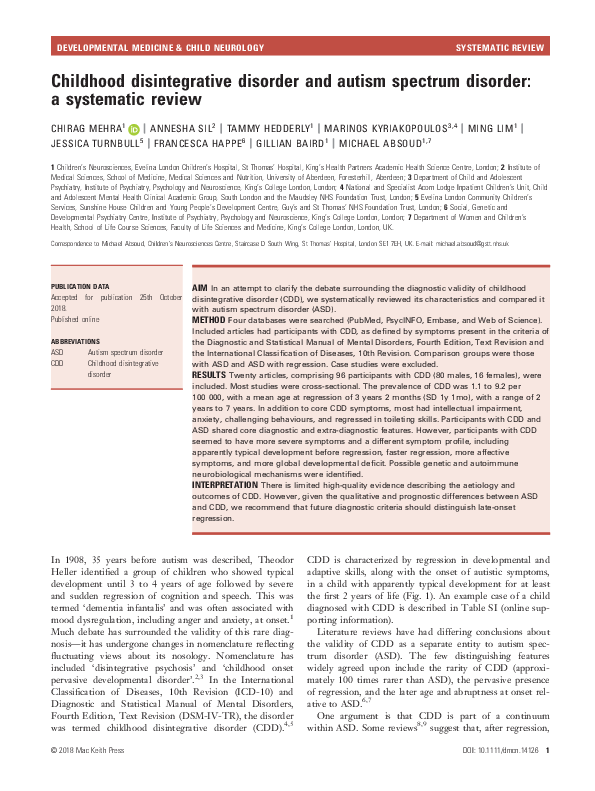 (PDF) Childhood disintegrative disorder and autism spectrum disorder: a ...