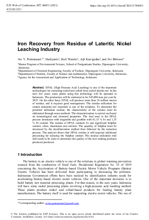 (PDF) Iron Recovery from Residue of Lateritic Nickel Leaching Industry