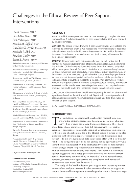 (PDF) Challenges in the Ethical Review of Peer Support Interventions