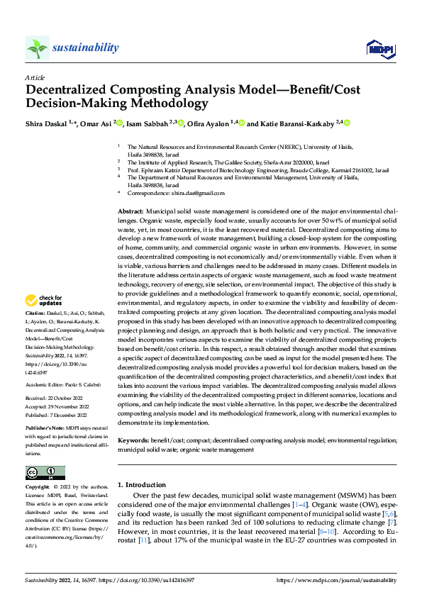 (PDF) Decentralized Composting Analysis Model—Benefit/Cost Decision-Making Methodology