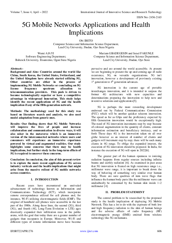 Pdf 5g Mobile Networks Applications And Health Implications