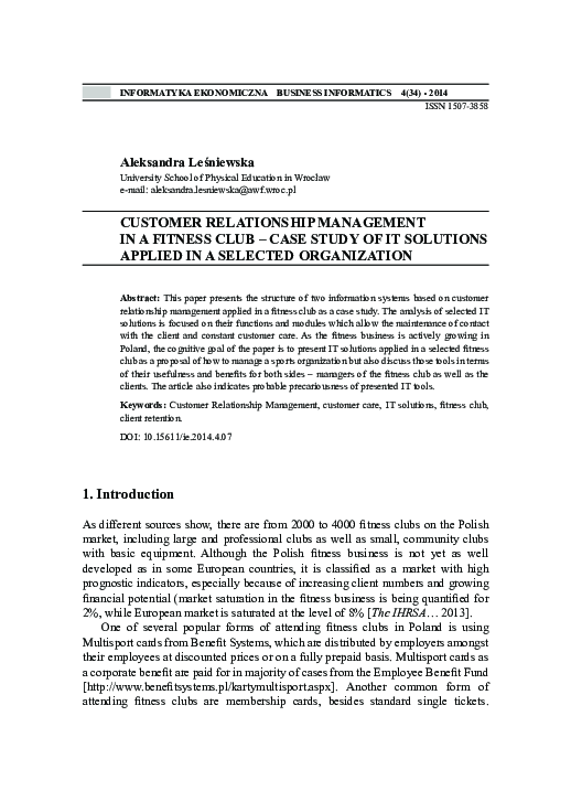 (PDF) Customer relationship management in a fitness club – case study ...