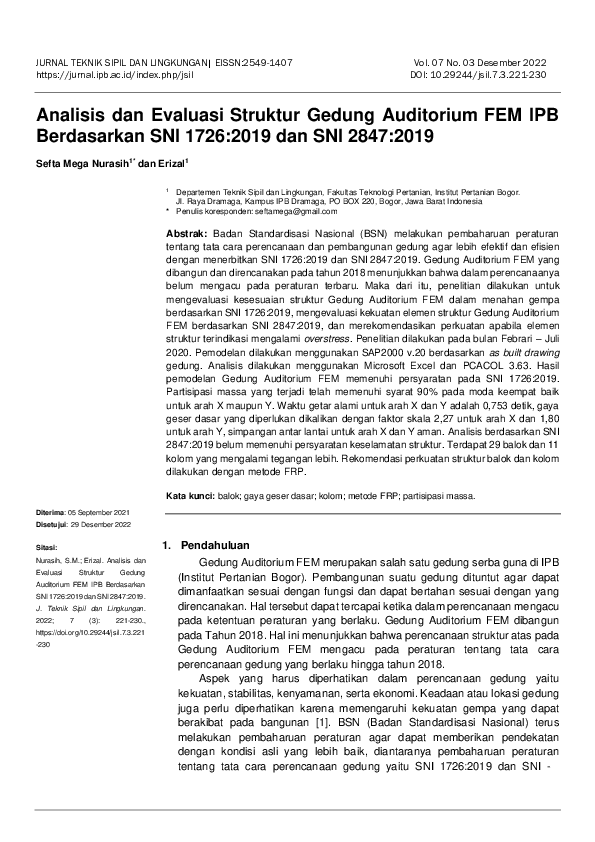 (PDF) Analisis dan Evaluasi Struktur Gedung Auditorium FEM IPB ...