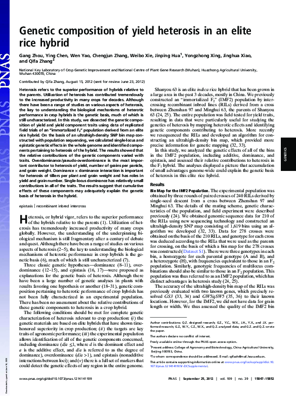 (PDF) Genetic composition of yield heterosis in an elite rice hybrid