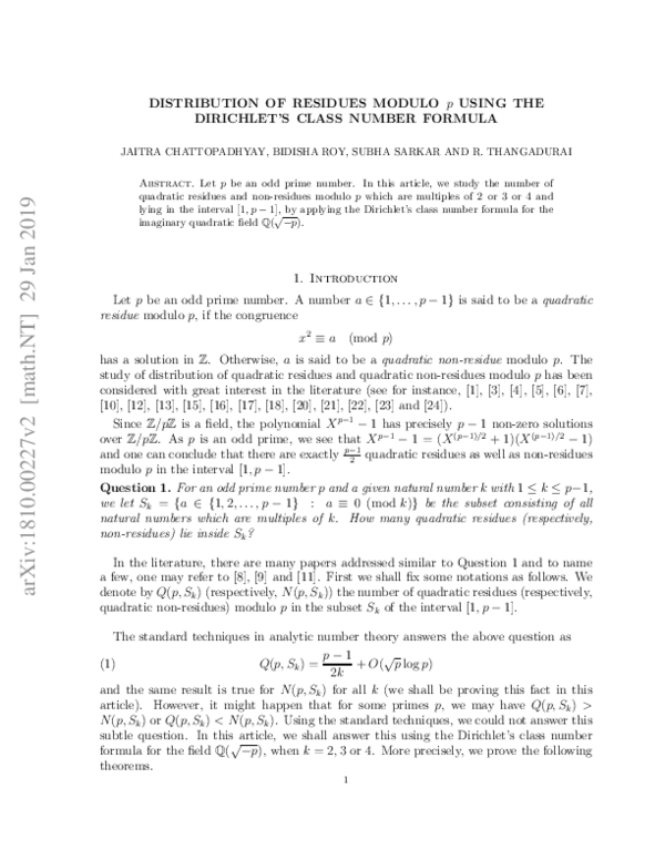 (PDF) Distribution of Residues Modulo p Using the Dirichlet’s Class Number Formula