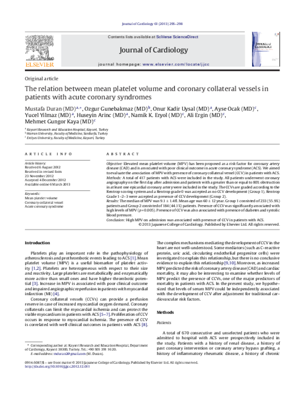 (PDF) The relation between mean platelet volume and coronary collateral ...
