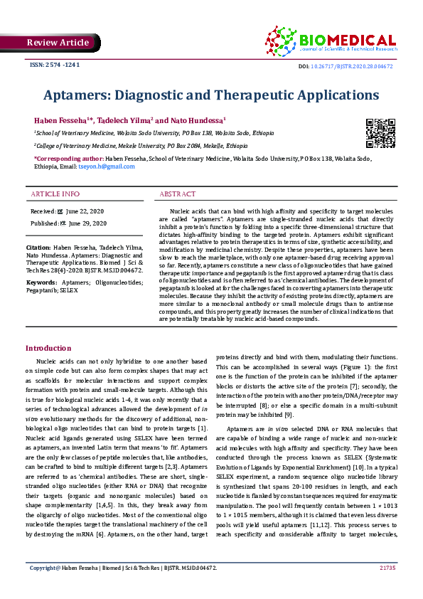 (PDF) Aptamers: Diagnostic and Therapeutic Applications