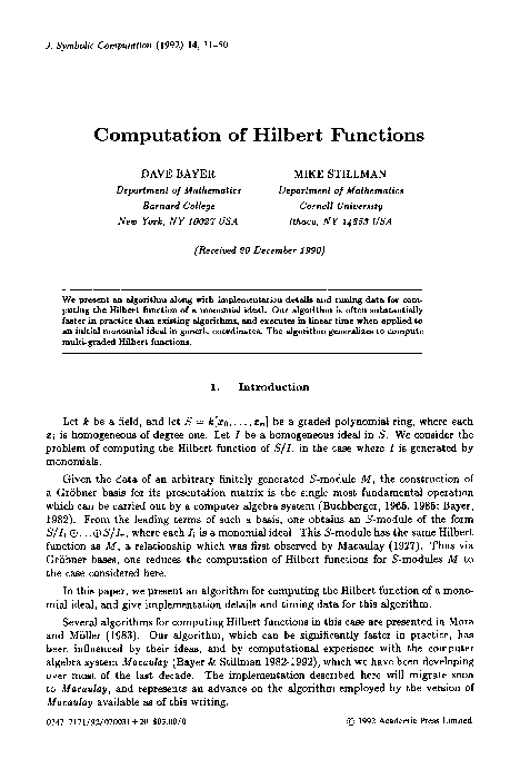 (PDF) Computation of Hilbert functions