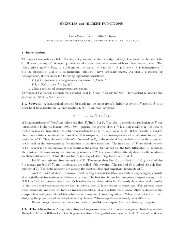 (PDF) Syzygies and Hilbert Functions