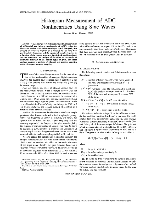 (PDF) Histogram measurement of ADC nonlinearities using sine waves