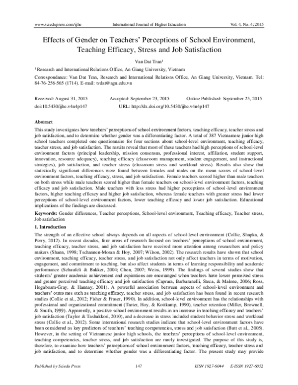 (PDF) Effects of Gender on Teachers’ Perceptions of School Environment, Teaching Efficacy ...