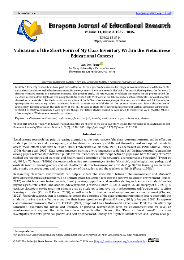 (PDF) Validation of the Short Form of My Class Inventory Within the Vietnamese Educational ...