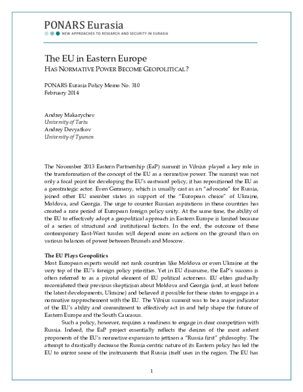 (PDF) The EU in Eastern Europe: Has Normative Power Become Geopolitical?