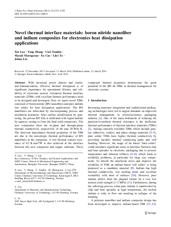 (PDF) Novel thermal interface materials: boron nitride nanofiber and ...