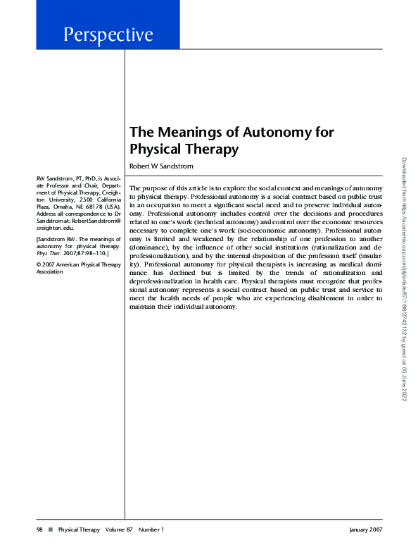 (PDF) The Meanings of Autonomy for Physical Therapy