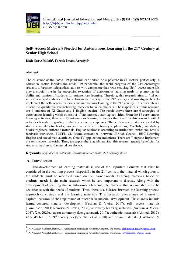 (PDF) Self- Access Materials Needed for Autonomous Learning in the 21st ...