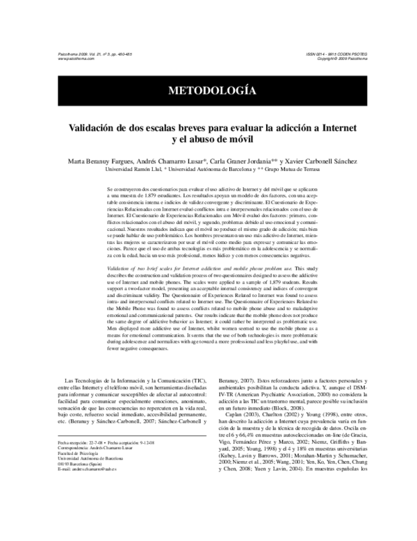 (PDF) Validaci n de dos escalas breves para evaluar la adicci n a Internet y el abuso de m vil