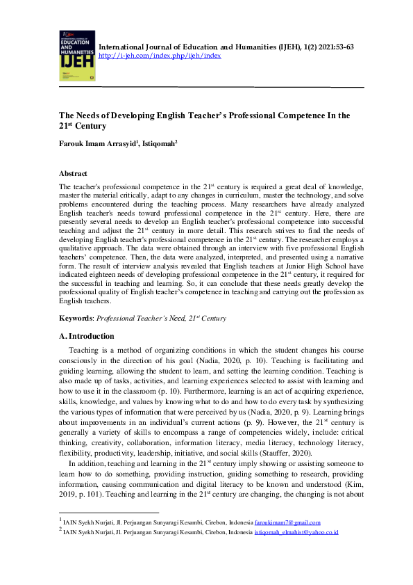 (PDF) The Needs of Developing English Teacher’s Professional Competence In the 21st Century