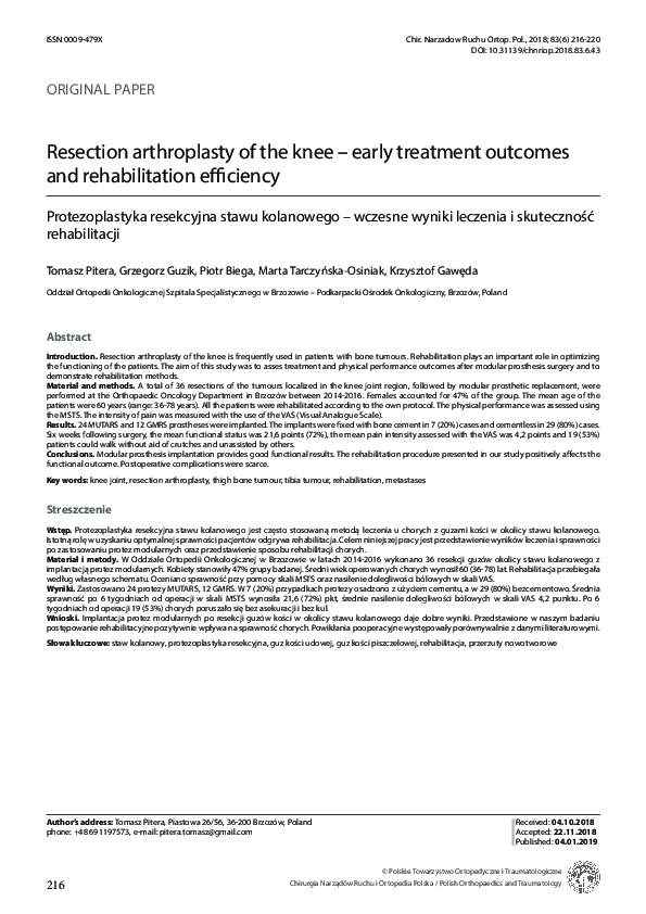 (PDF) Resection arthroplasty of the knee – early treatment outcomes and ...