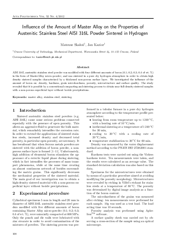 (PDF) Influence of the Amount of Master Alloy on the Properties of Austenitic Stainless Steel ...
