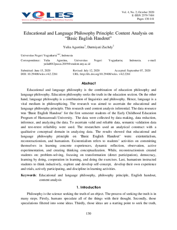 (PDF) Educational and Language Philosophy Principle: Content Analysis on “Basic English Handout”