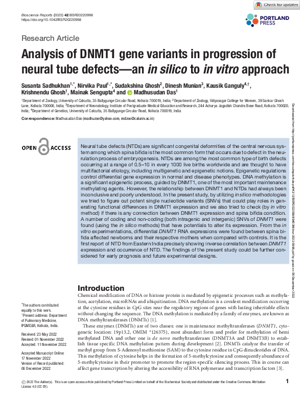 (PDF) Analysis of DNMT1 gene variants in progression of neural tube ...