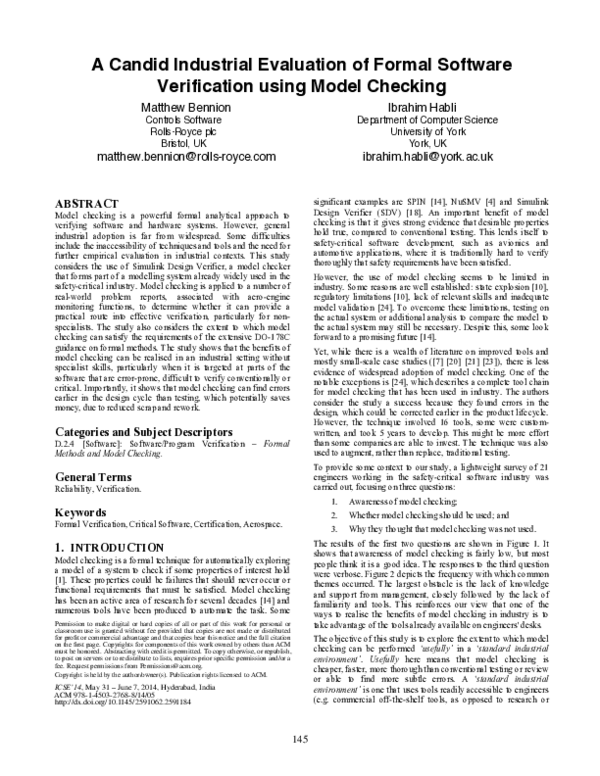 Pdf A Candid Industrial Evaluation Of Formal Software Verification Using Model Checking