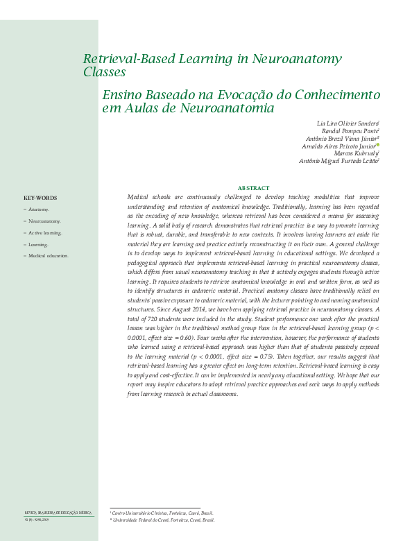 (PDF) Retrieval-Based Learning in Neuroanatomy Classes