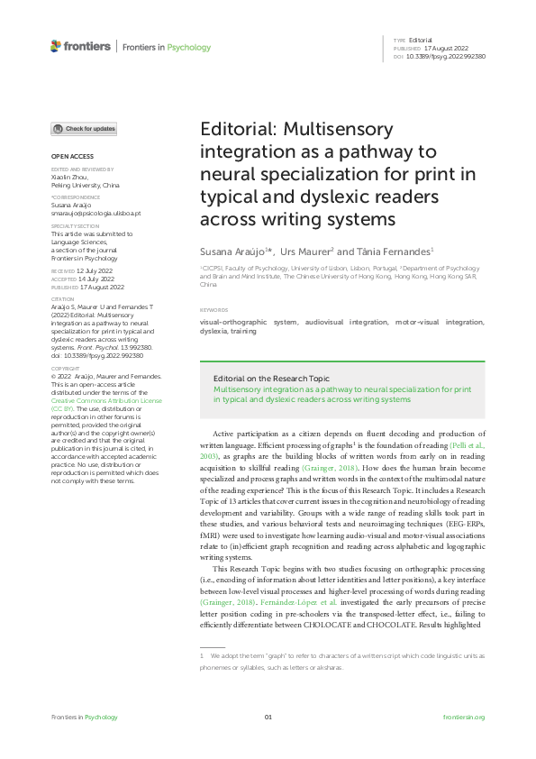 (PDF) Editorial: Multisensory integration as a pathway to neural specialization for print in ...