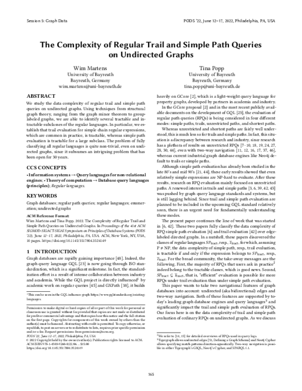 (PDF) The Complexity of Regular Trail and Simple Path Queries on Undirected Graphs