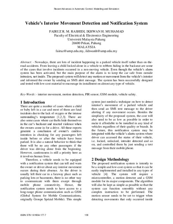 (PDF) Vehicle's Interior Movement Detection and Notification System