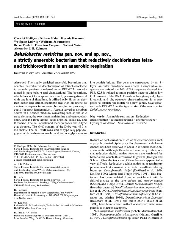 (PDF) Dehalobacter restrictus gen. nov. and sp. nov., a strictly ...
