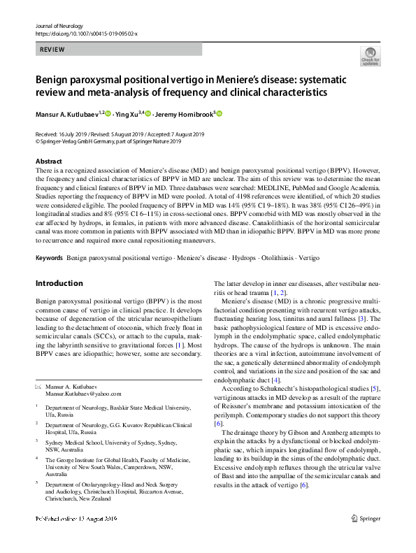 (PDF) Benign paroxysmal positional vertigo in Meniere’s disease ...