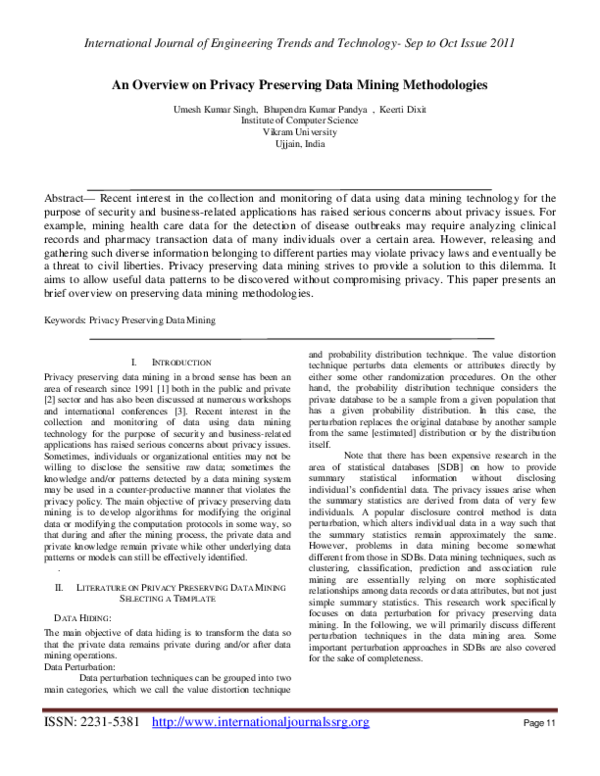 (PDF) An Overview on Privacy Preserving Data Mining Methodologies