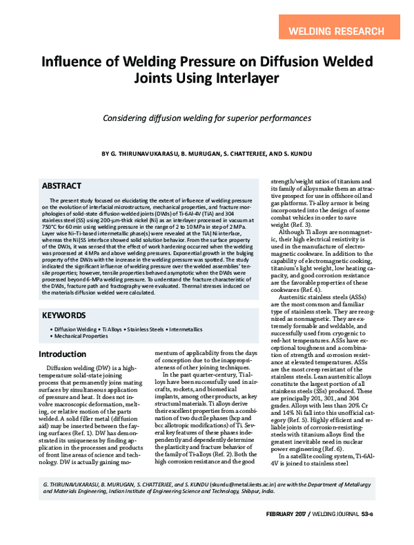 (PDF) Influence of Welding Pressure on Diffusion Welded Joints Using Interlayer