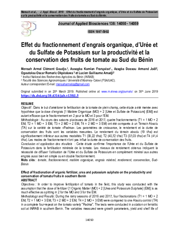 (PDF) Effet du fractionnement d’engrais organique, d’Urée et du Sulfate de Potassium sur la ...