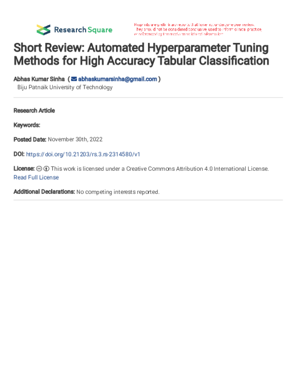 Pdf Short Review Automated Hyperparameter Tuning Methods For High Accuracy Tabular Classification