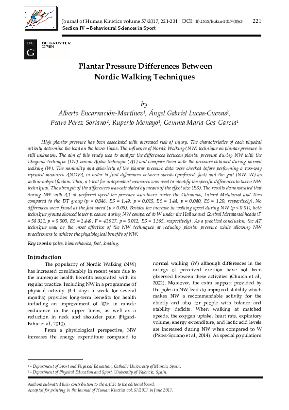 (PDF) Plantar Pressure Differences Between Nordic Walking Techniques